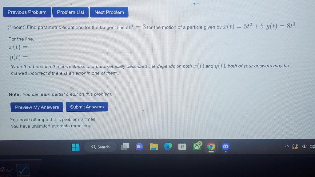 Solved ( 1 point) Find parametric equations for the tangent | Chegg.com