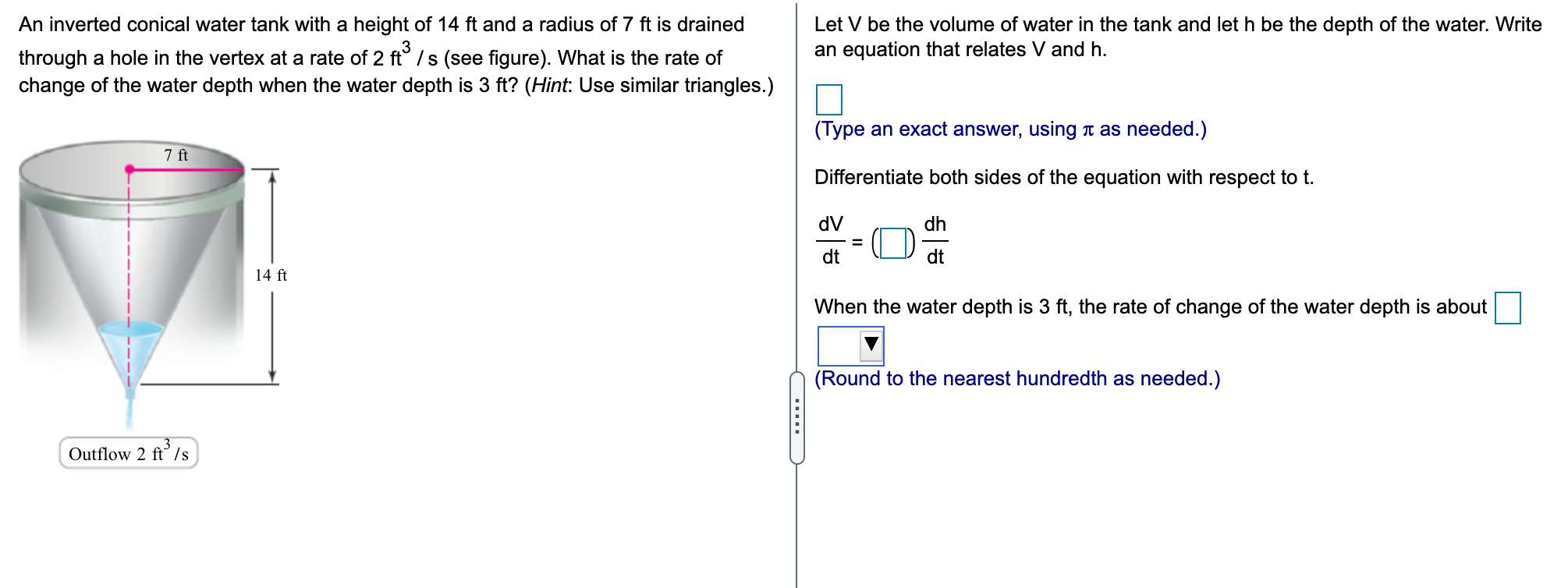 Solved An inverted conical water tank with a height of 14 ft | Chegg.com