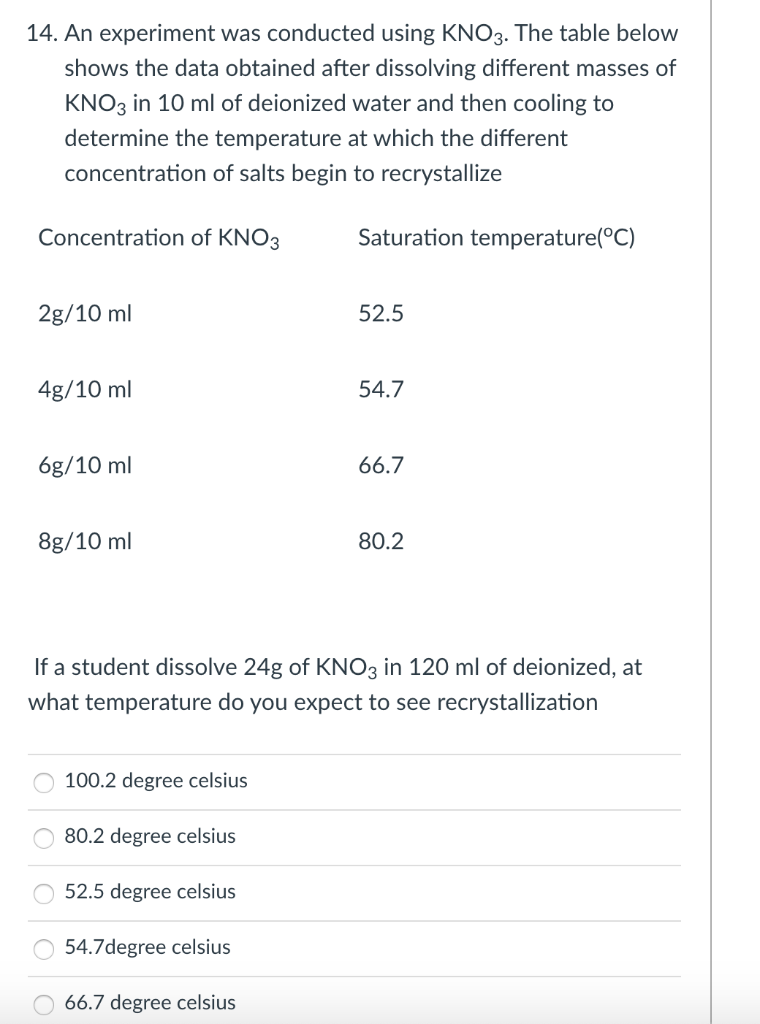 Solved 14. An experiment was conducted using KNO3. The table | Chegg.com
