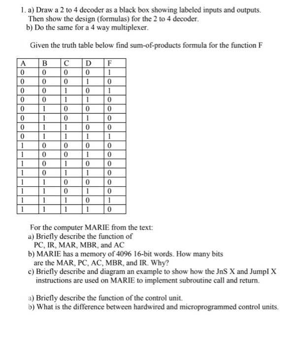 Solved 1. a) Draw a 2 to 4 decoder as a black box showing | Chegg.com