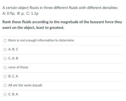 Solved A Certain Object Floats In Three Different Fluids 6838