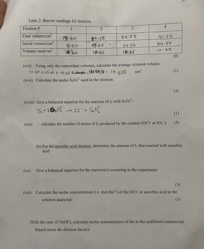 Table 2: Burette readings for titration. (xvi) Using | Chegg.com