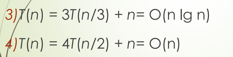 Solved 3) J(n)=3T(n/3)+n=O(nlgn) f) T(n)=4T(n/2)+n=O(n) | Chegg.com