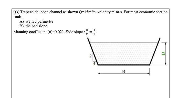 Solved Q3) Trapezoidal open channel as shown Q=15 m3/s, | Chegg.com