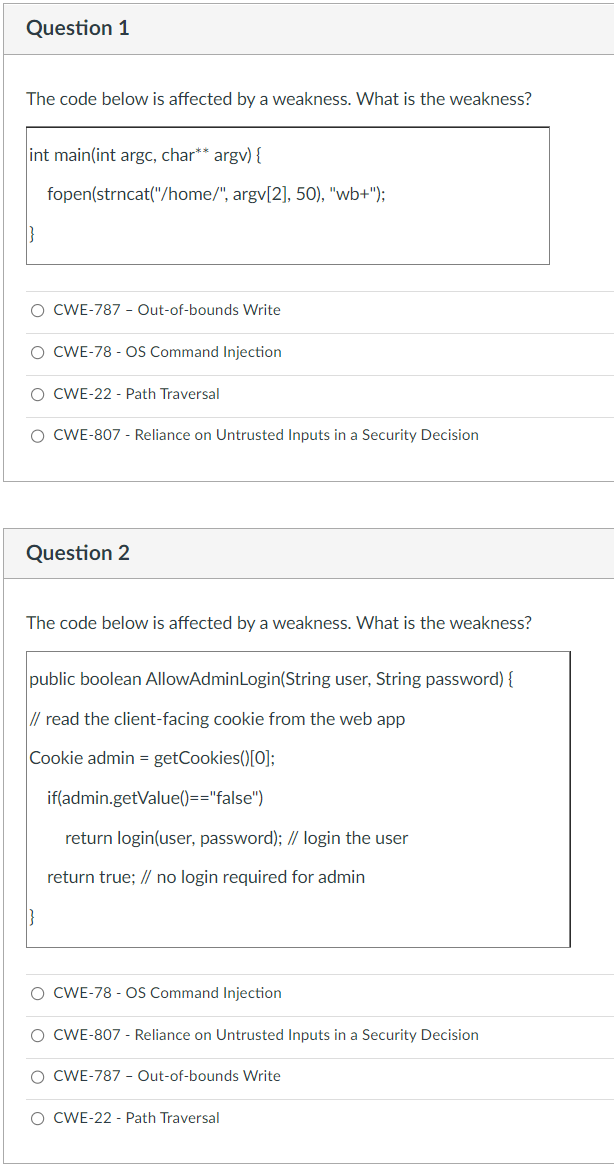 Solved The code below is affected by a weakness. What is the | Chegg.com
