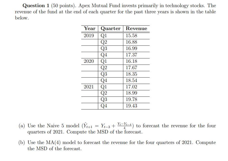 Question 1 (50 points). Apex Mutual Fund invests | Chegg.com
