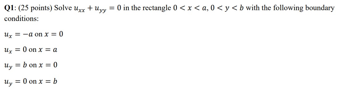 Solved Q1: (25 points) Solve uxx+uyy=0 in the rectangle 0 | Chegg.com