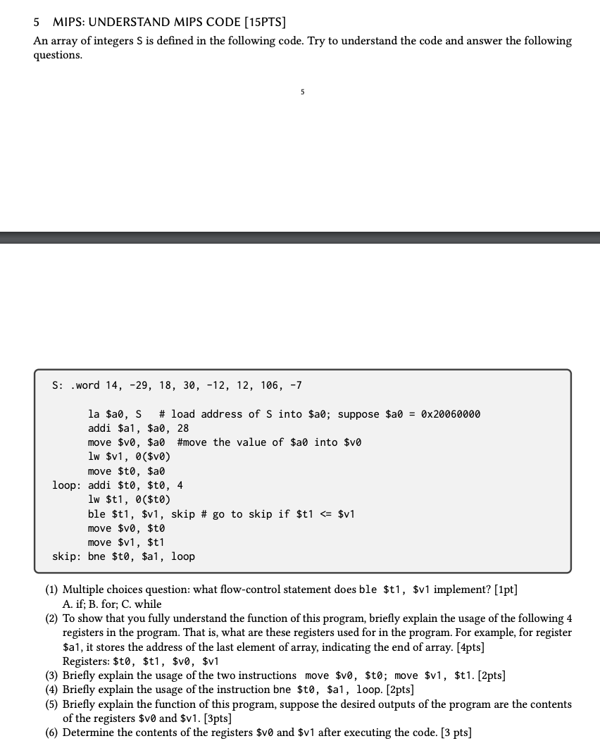 Solved 5 MIPS: UNDERSTAND MIPS CODE [15PTS] An array of | Chegg.com