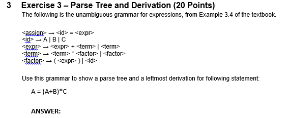 Solved Exercise 3 - Parse Tree and Derivation (20 Points) | Chegg.com