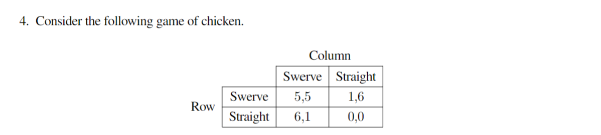 Solved 4. Consider the following game of chicken. (d) | Chegg.com