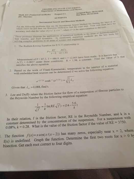 Solved Departmcnt of Mathematics and Physies Math 421 | Chegg.com