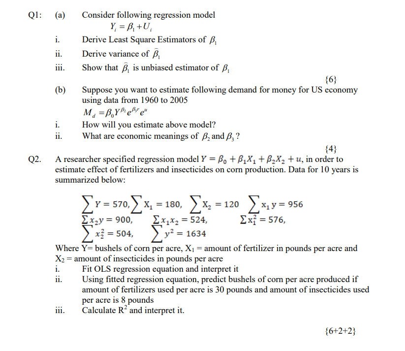 Solved Q1: iii. Q2. (a) Consider following regression model | Chegg.com