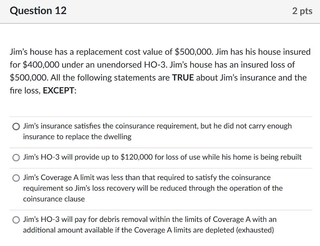 Solved Jim's house has a replacement cost value of $500,000. | Chegg.com