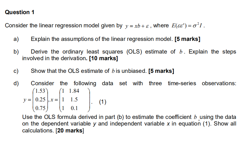 Solved Question 1 Consider the linear regression model given | Chegg.com