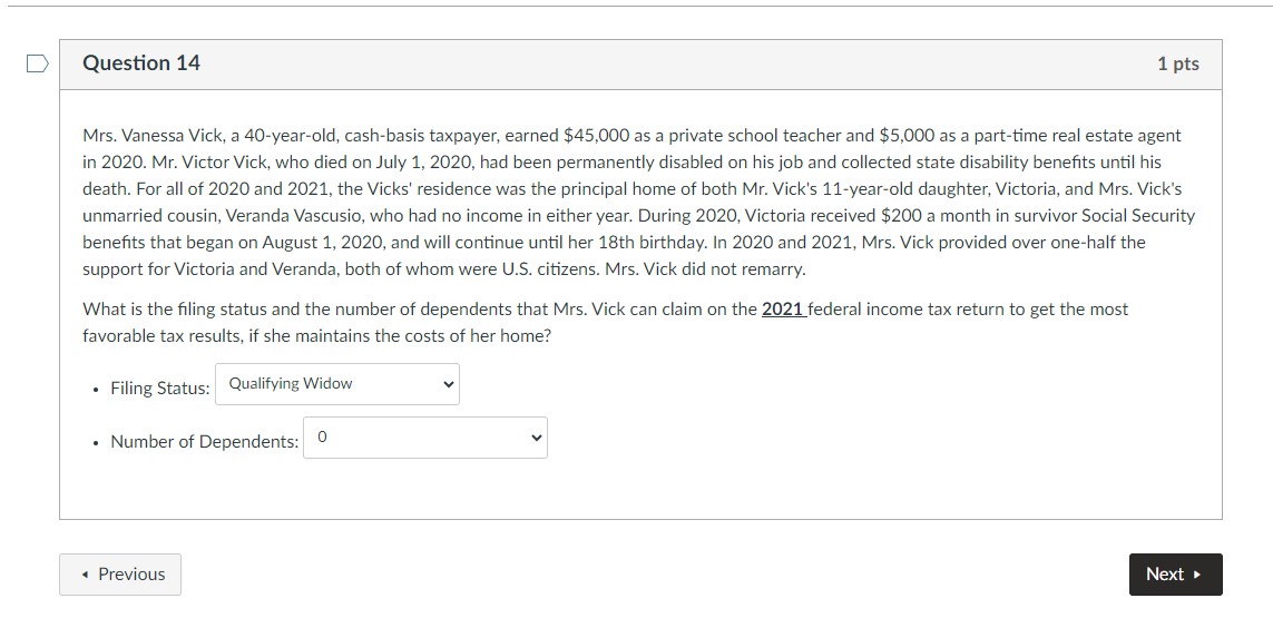 Solved Mrs. Vanessa Vick, a 40 -year-old, cash-basis | Chegg.com