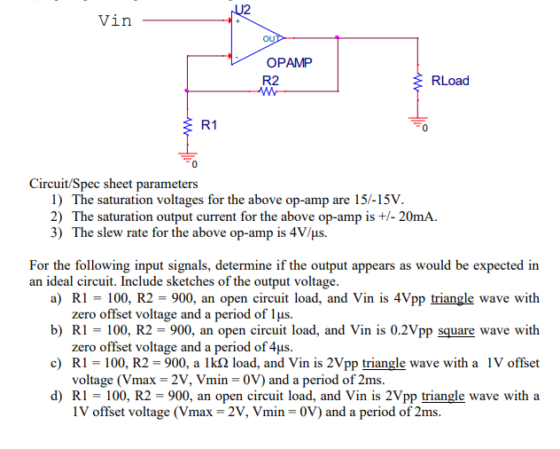 Solved Vin OPAMP RLoad Circuit/Spec sheet parameters 1) The | Chegg.com