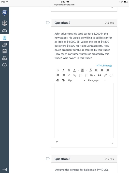 Solved iPad令 45% 5:32 PM psu.instructure.com D Question 2 | Chegg.com