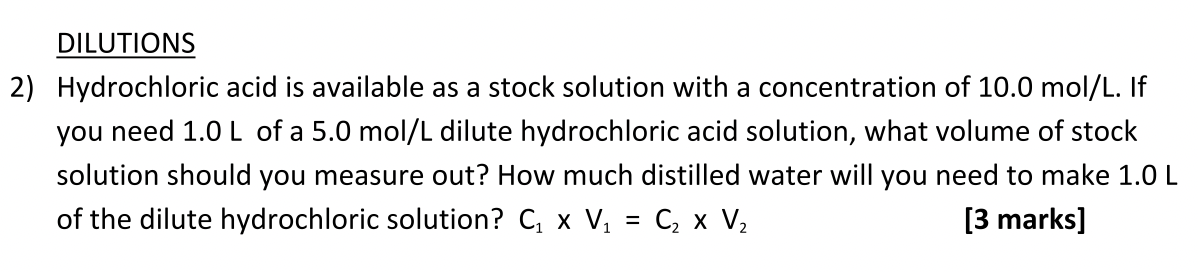 Solved DILUTIONS 2) Hydrochloric acid is available as a | Chegg.com