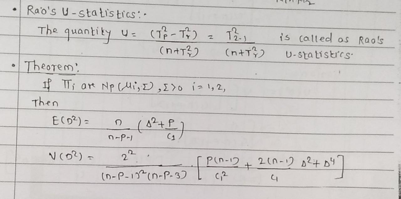 Solved 2 O Rao's U-statistics :- The quantity U = (78 - 77 ) | Chegg.com