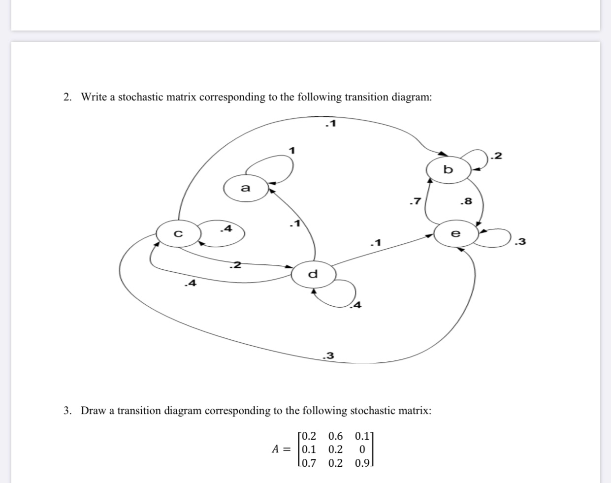 Solved 2. Write a stochastic matrix corresponding to the | Chegg.com