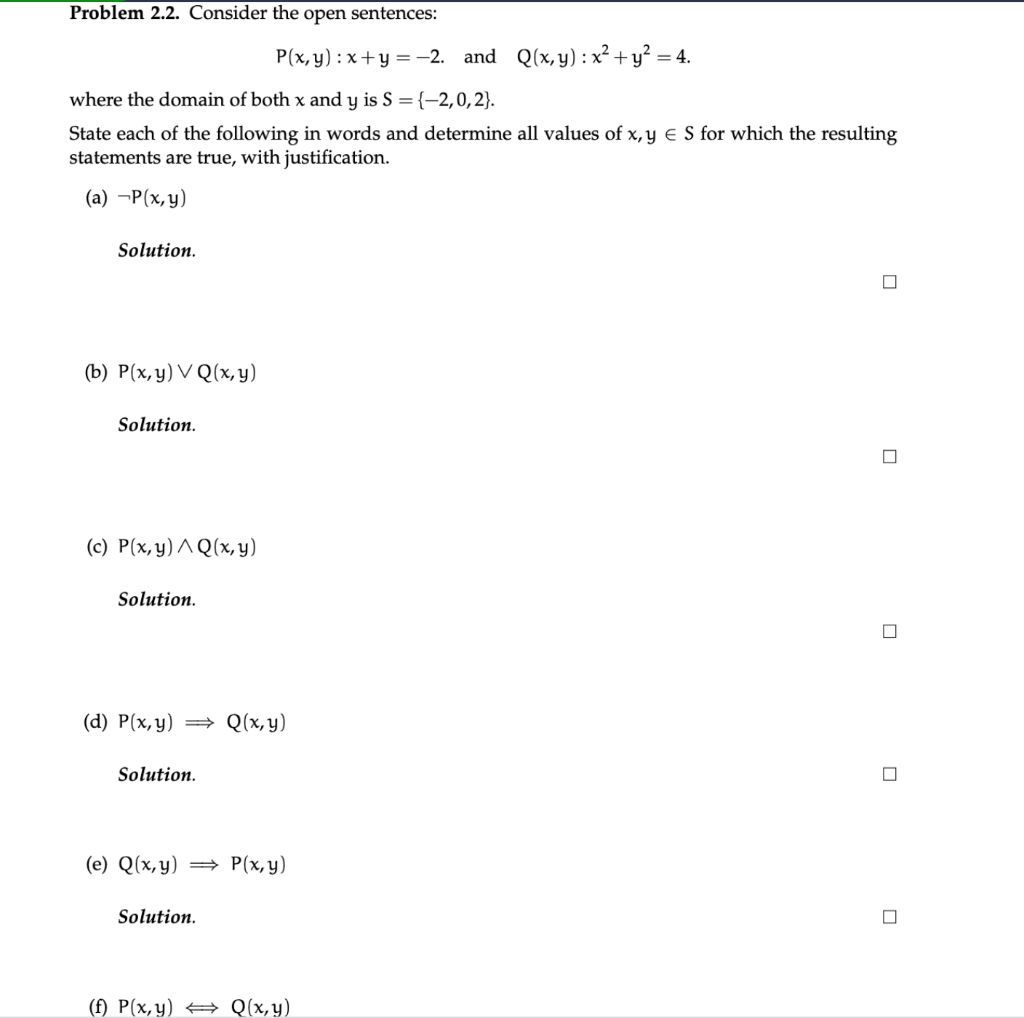 Solved Consider the open sentences: P(x, y) : x + y = −2. | Chegg.com