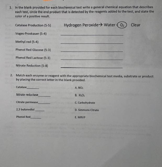 Solved 1. In the blank provided for each biochemical test | Chegg.com