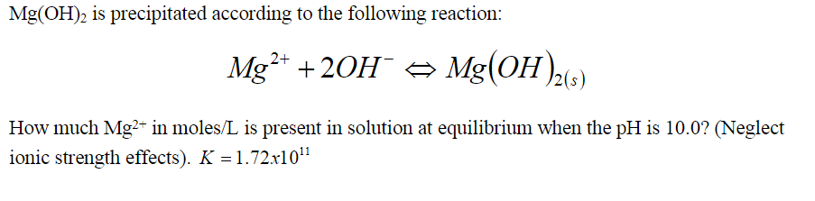 Solved Mg(OH)2 is precipitated according to the following | Chegg.com