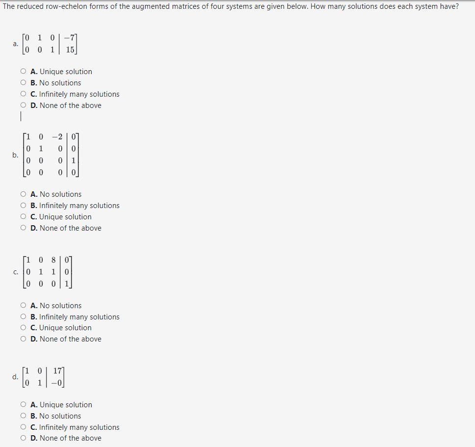 Solved The reduced row-echelon forms of the augmented | Chegg.com