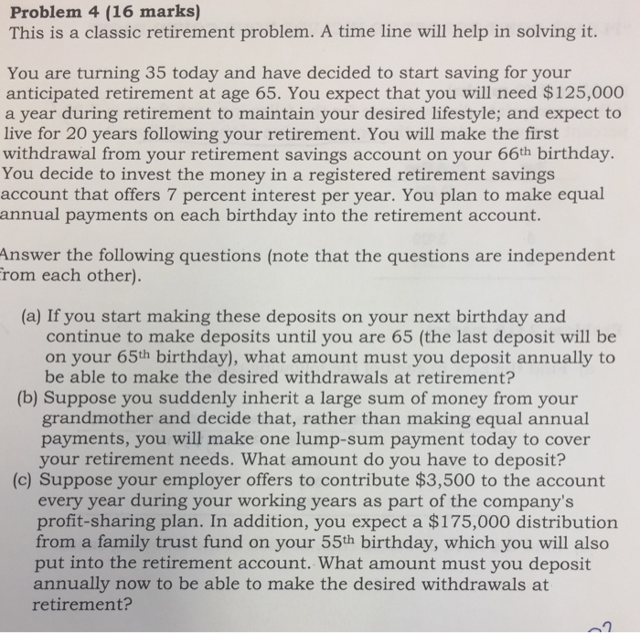 Solved Problem 4 (16 marks) This is a classic retirement | Chegg.com