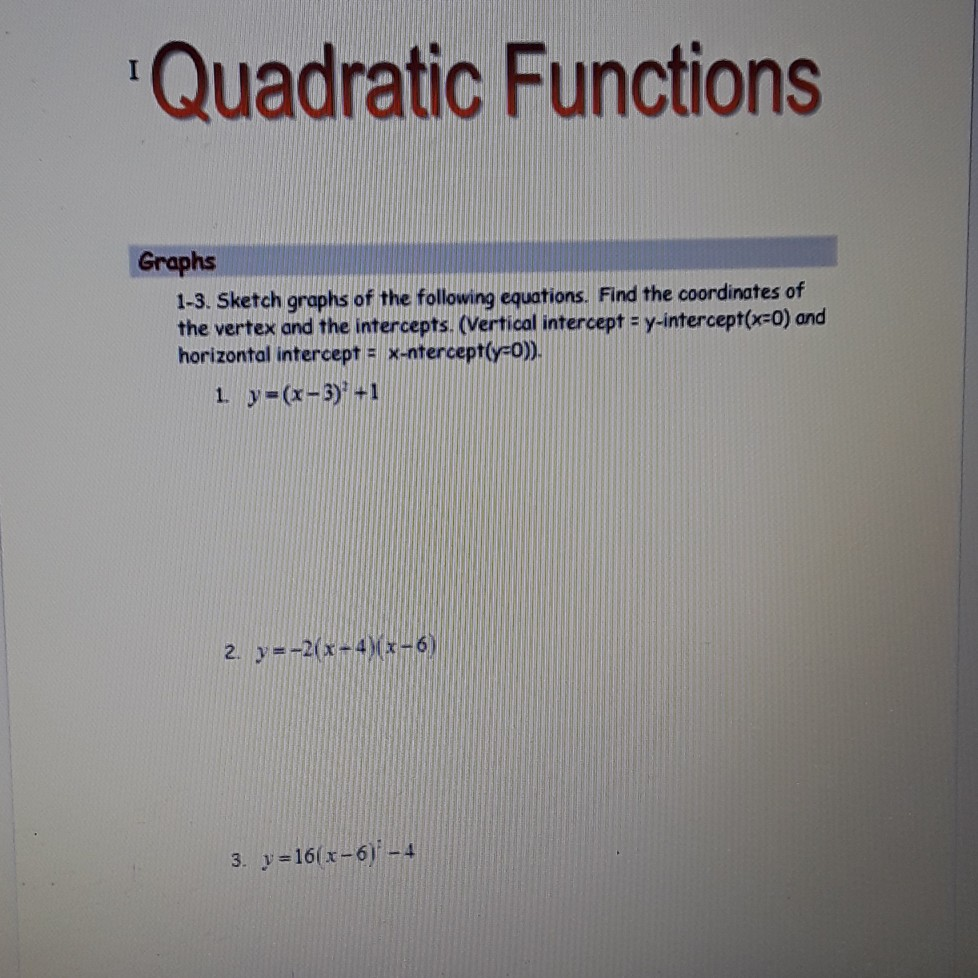 Solved Quadratic Functions Graphs 1-3. Sketch graphs of the | Chegg.com
