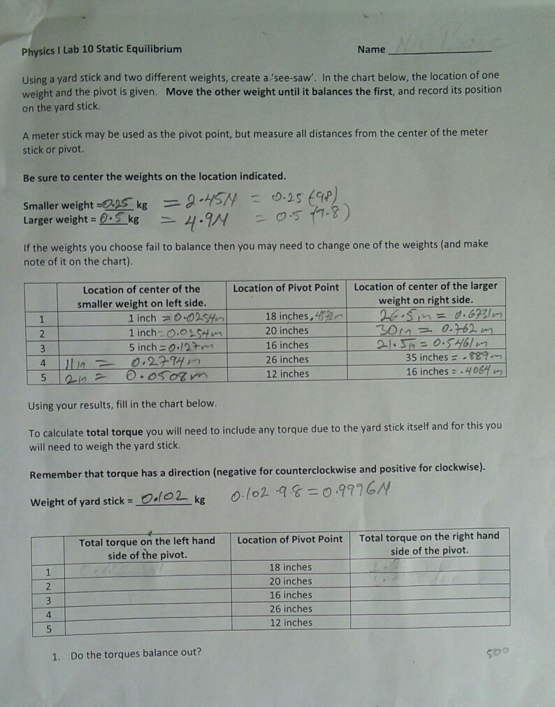 Physics I Lab 10 Static Equilibrium Name Using a yard | Chegg.com