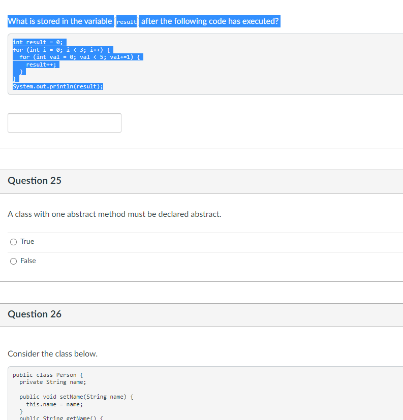 int result =0; for (int i=0;i