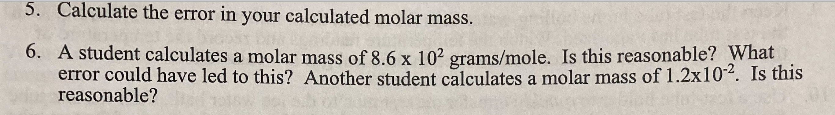 Solved 5. Calculate the error in your calculated molar mass. | Chegg.com