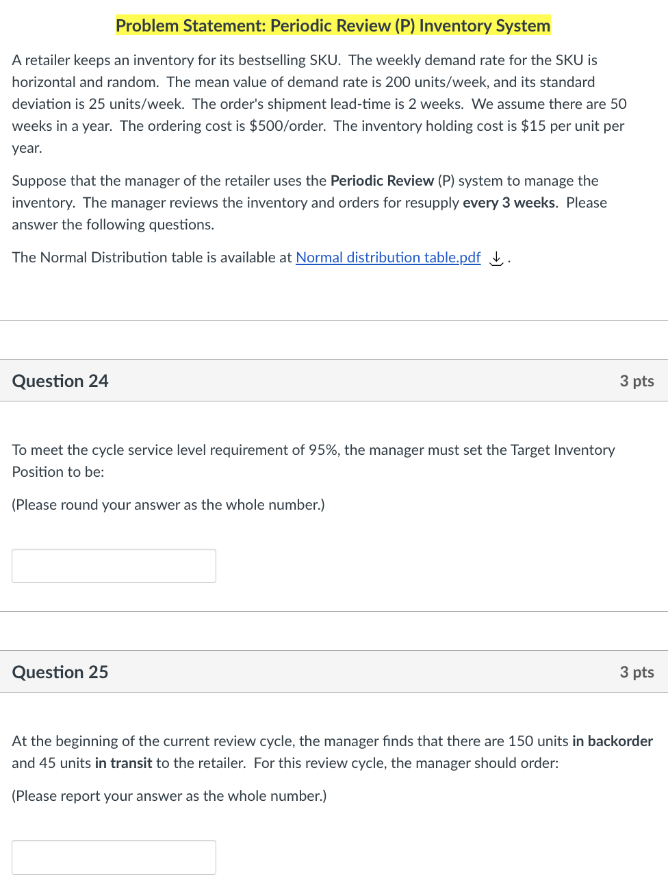 Solved Problem Statement: Periodic Review (P) Inventory | Chegg.com