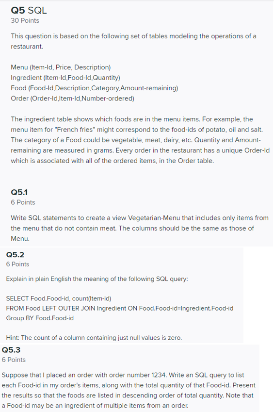Solved Q5 SQL 30 Points This question is based on the | Chegg.com