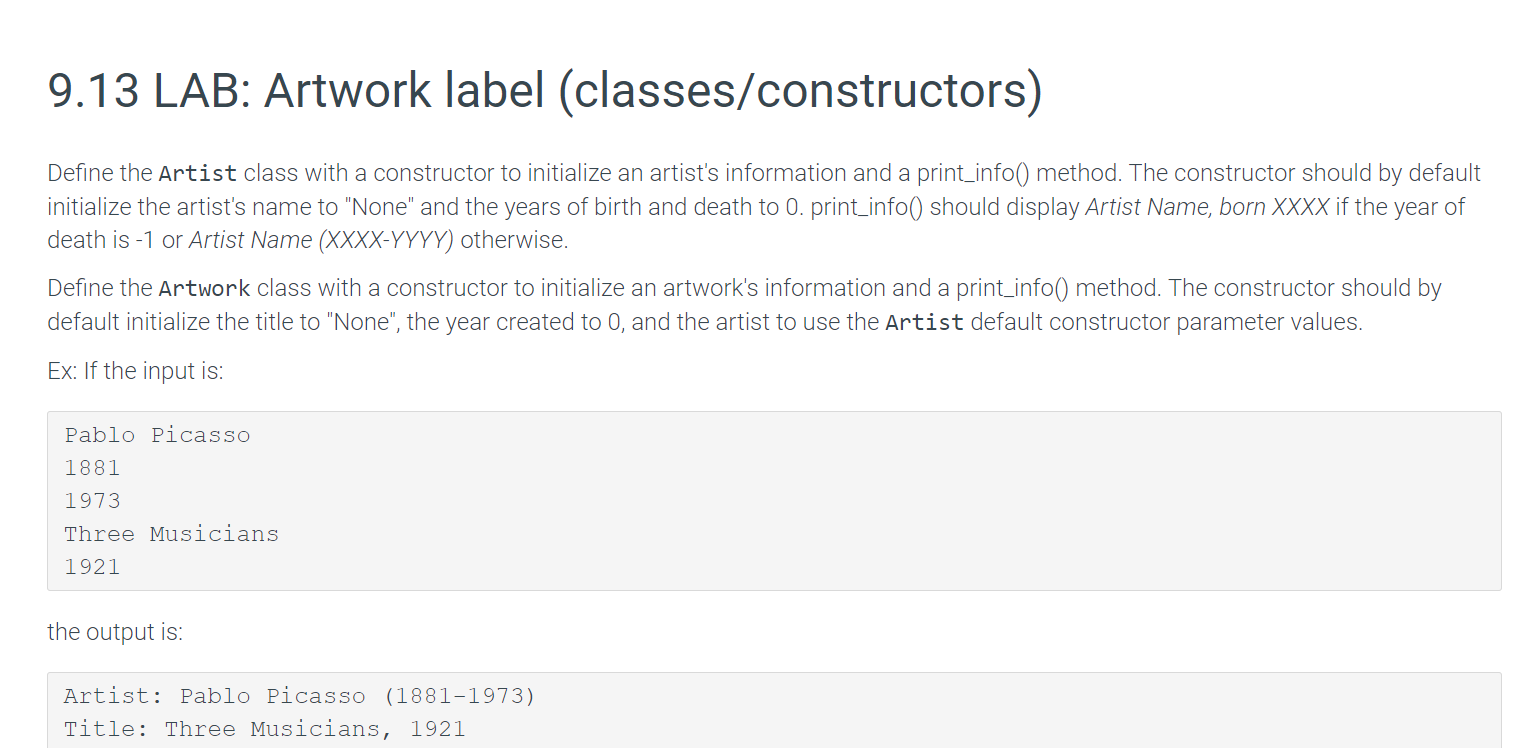 Solved 9 13 Lab Artwork Label Classes Constructors Define
