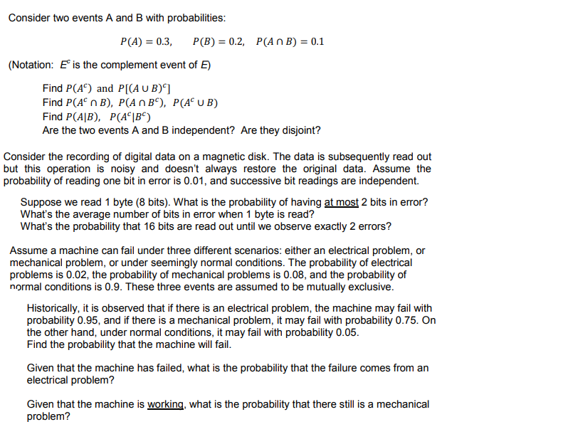 Solved Consider two events A and B with probabilities: P(A) | Chegg.com