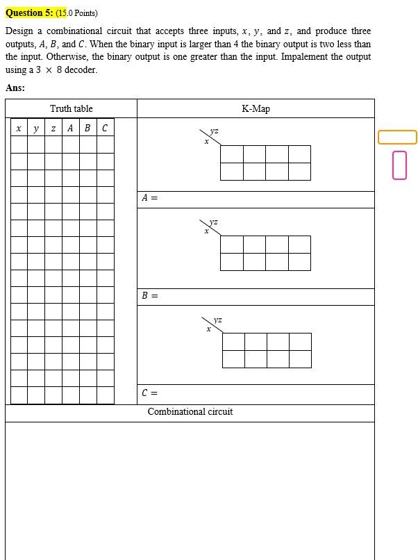 Solved Question 5: (15.0 Points) Design a combinational | Chegg.com