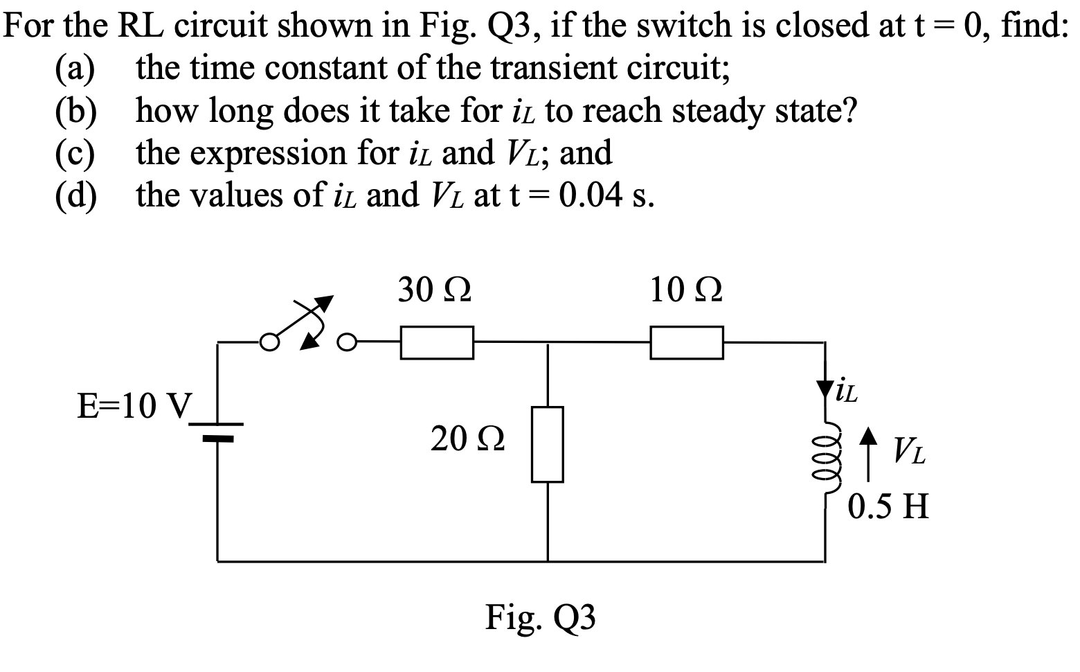 Solved For the RL circuit shown in Fig. Q3, if the switch is | Chegg.com