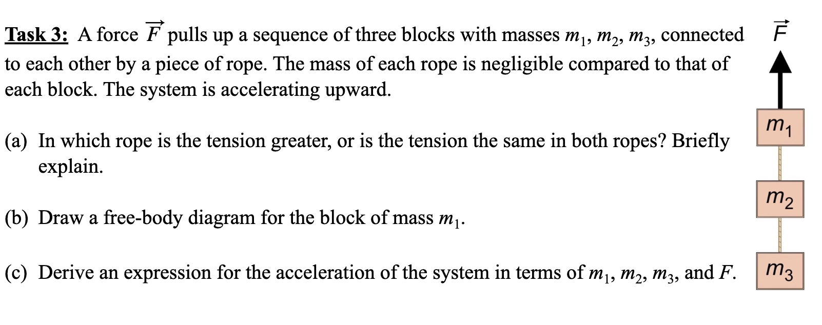 Solved Task 3: A force F pulls up a sequence of three blocks | Chegg.com