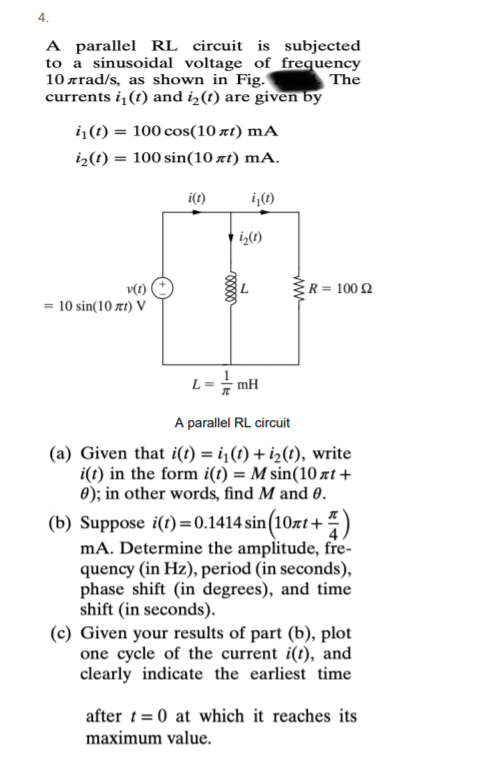 Solved A parallel RL circuit is subjected to a sinusoidal | Chegg.com