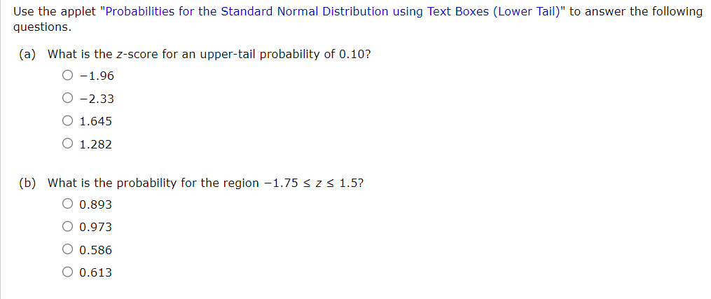 Solved Use the applet "Probabilities for the Standard Normal | Chegg.com
