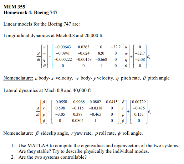Solved MEM 355 Homework 4: Boeing 747 Linear models for the | Chegg.com
