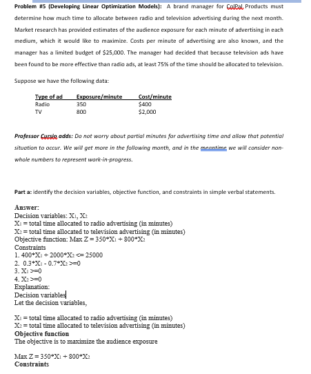 Solved Problem #5 (Developing Linear Optimization Models): A | Chegg.com