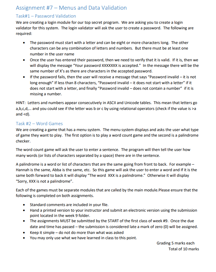 Assignment #7 - Menus and Data Validation Task#1 - | Chegg.com
