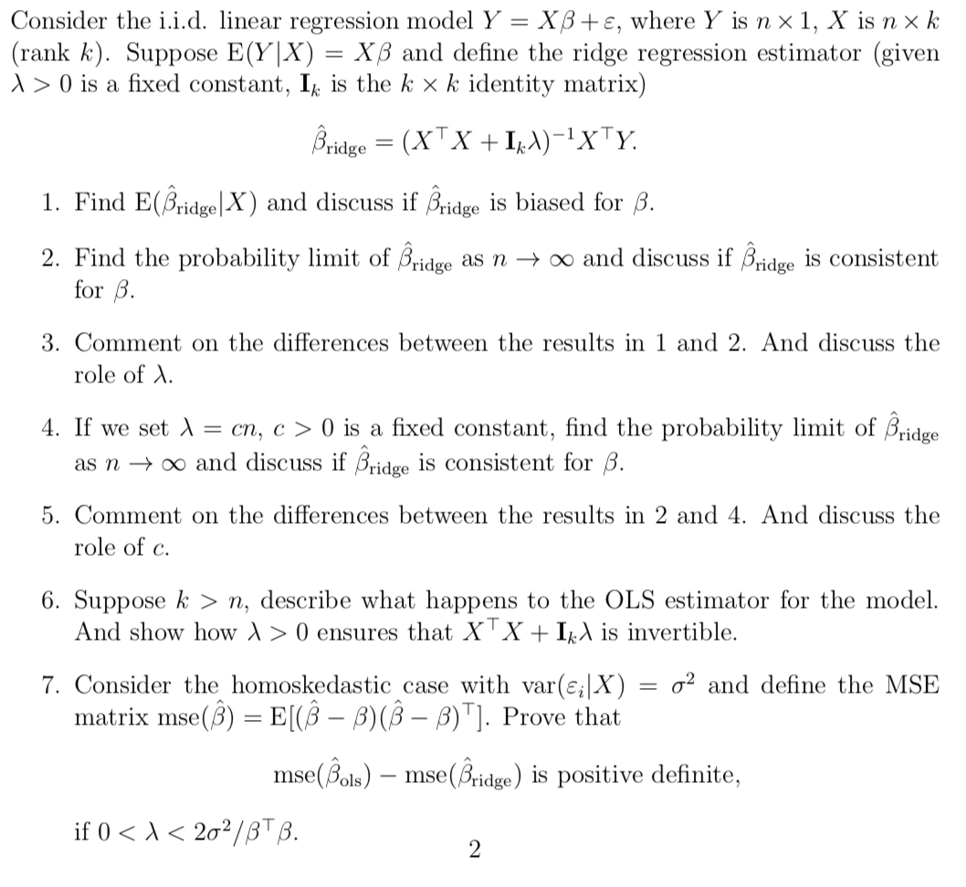 Consider the i.i.d. linear regression model Y = X8+ , | Chegg.com