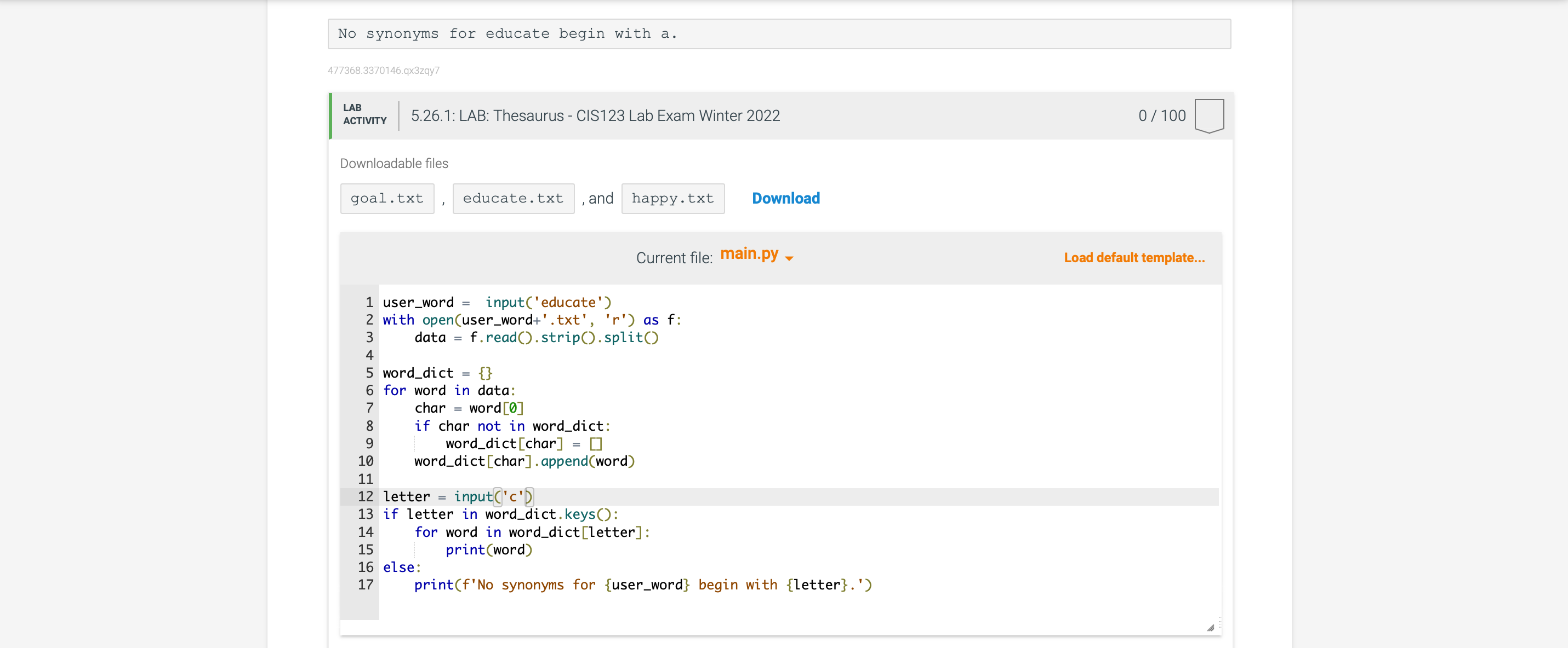 Solved 5.26 LAB: Thesaurus - CIS123 Lab Exam Winter 2022 | Chegg.com