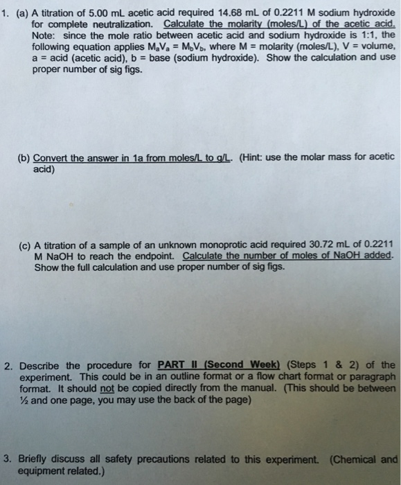 Solved 1. (a) A titration of 5.00 mL acetic acid required | Chegg.com