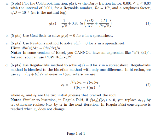 Solved a. (5 pts) Plot the Colebrook function, g(x), vs the | Chegg.com