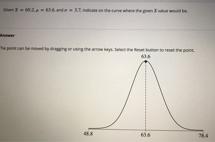 Solved Given X = 69.2, μ = 63.6, and σ = 3.7, indicate on | Chegg.com